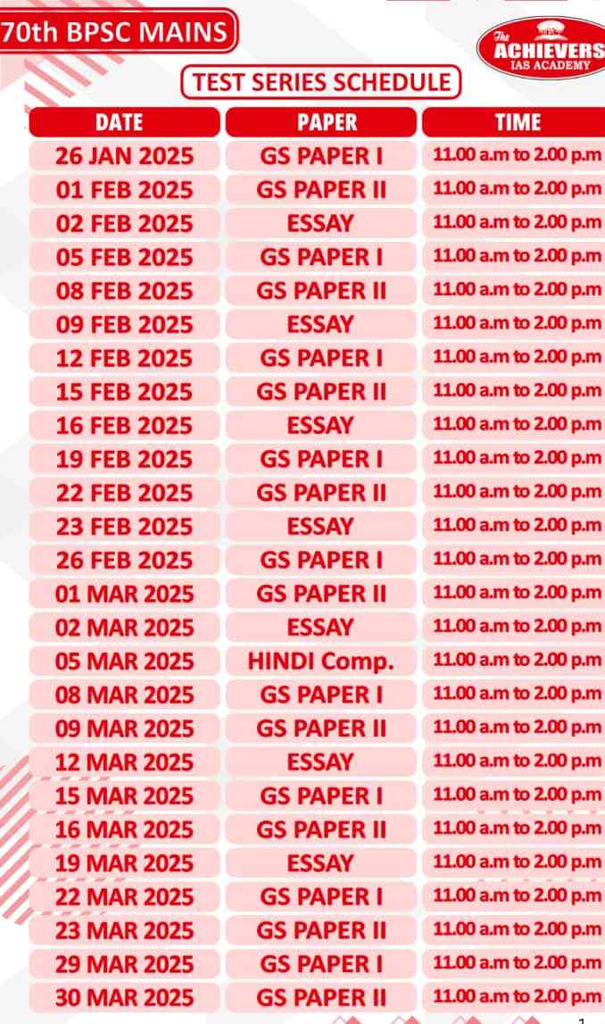 70th BPSC Main Test Schedule - Achievers IAS Academy